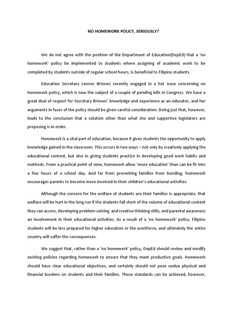 Opposition to No Homework Policy | PDF | Homework | Secondary Education