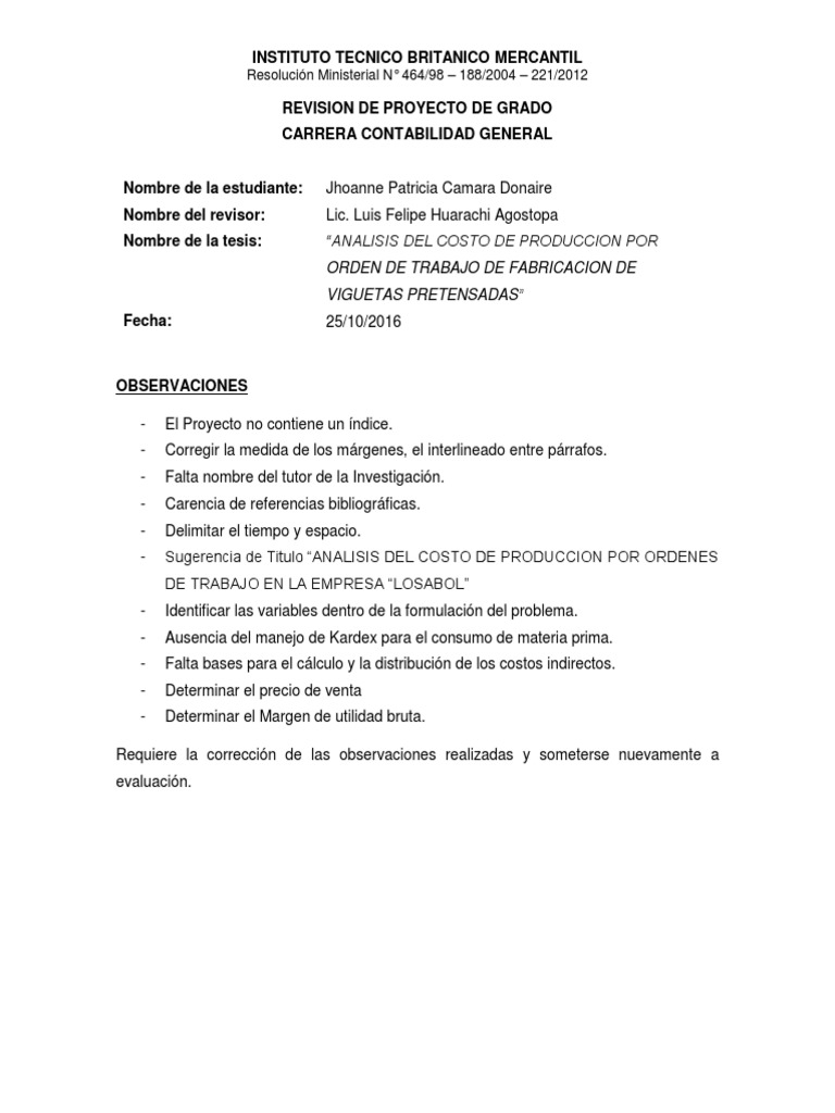 Revision Del Proyecto de Grado | PDF