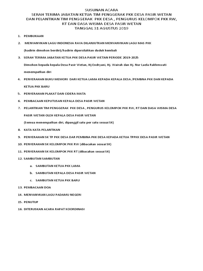Susunan Acara Pelantikan Ketua TP TPKK Desa | PDF | Agama & Spiritualitas