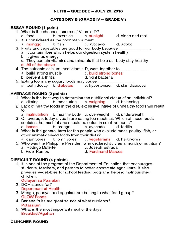 Quiz Bee - Intermediate | PDF | Vitamin D | Malnutrition