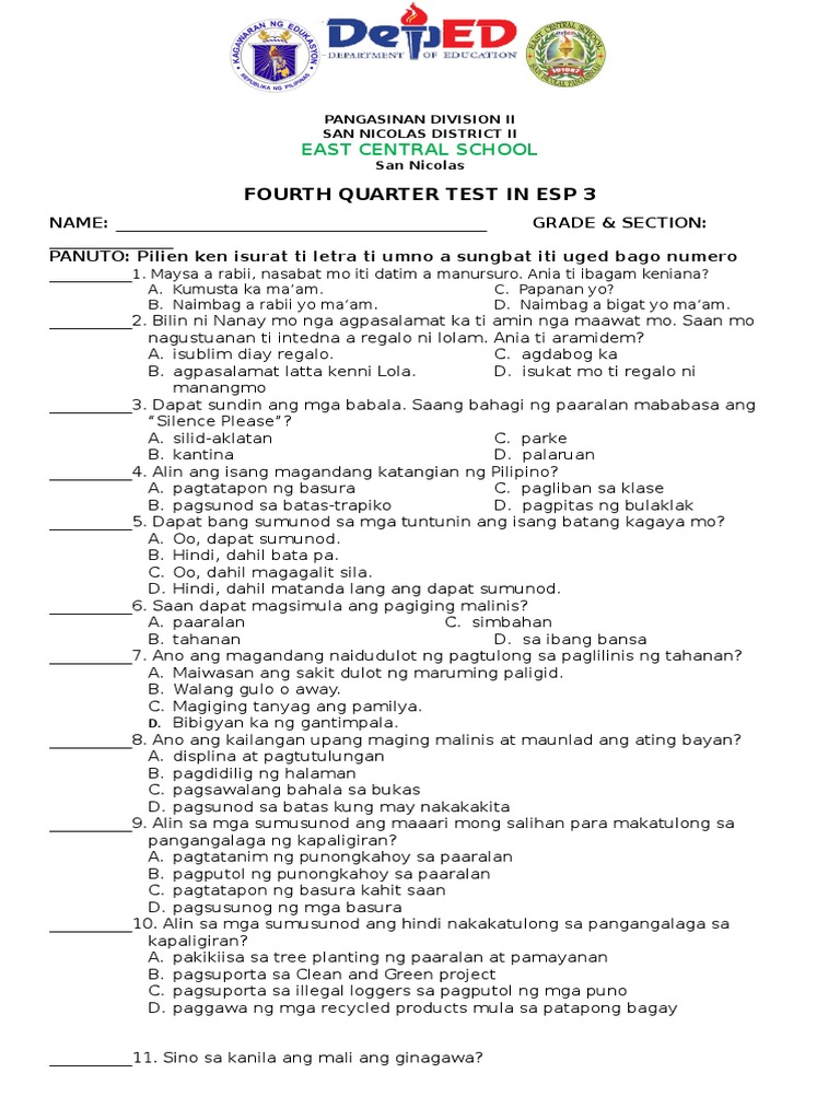 ESP 4th QUARTER TEST2019-2020 | PDF