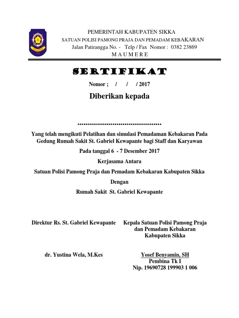 Contoh Sertifikat Damkar | PDF