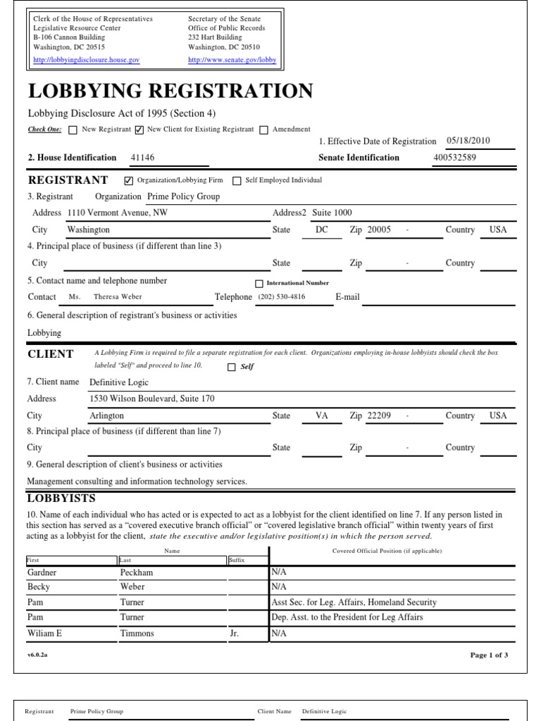 Registration by Prime Policy Group To Lobby For Definitive Logic ...