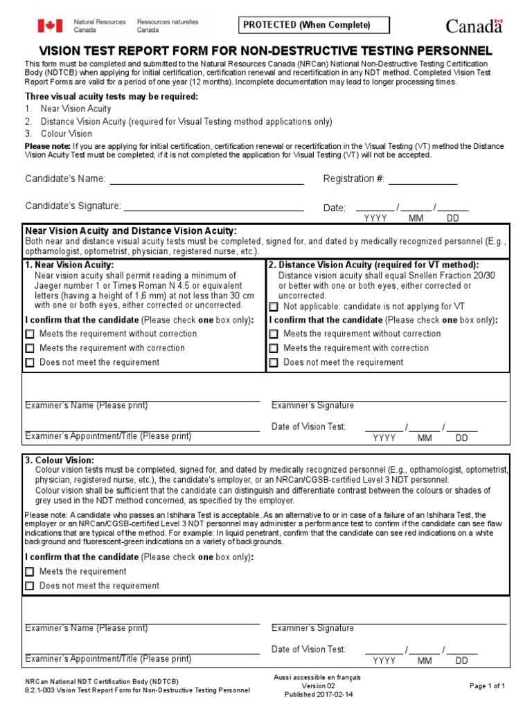 Vision Test Report Form For Non-DestructiveTestingPersonnel | PDF ...
