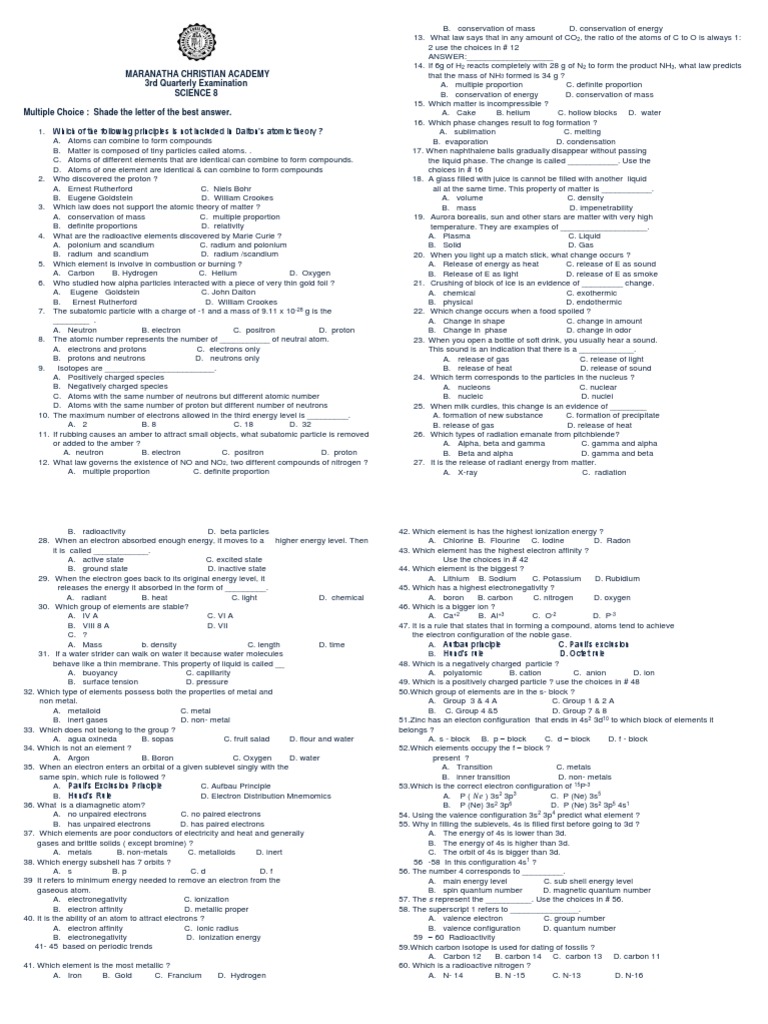 SCIENCE G8 3rd Quarter EXAM | PDF | Electron Configuration | Ion