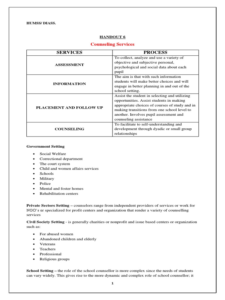 Humss Hand Out 6 | PDF | School Counselor | Psychological Testing