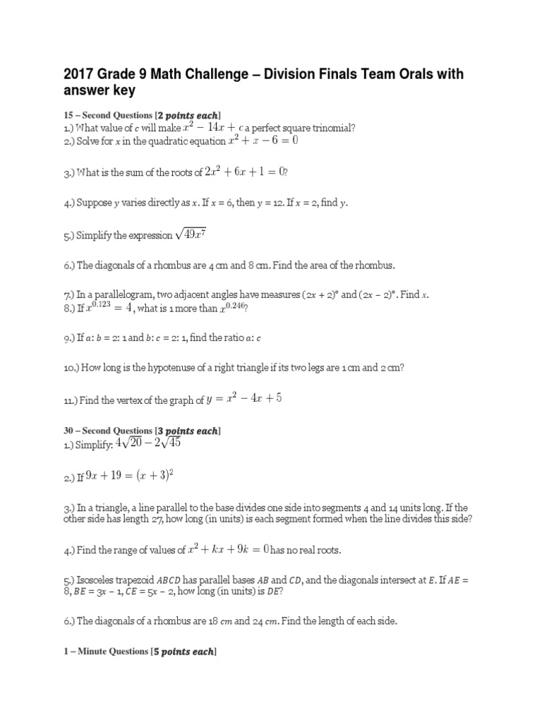 2017 Grade 9 Math Challenge Orals | PDF | Triangle Geometry ...