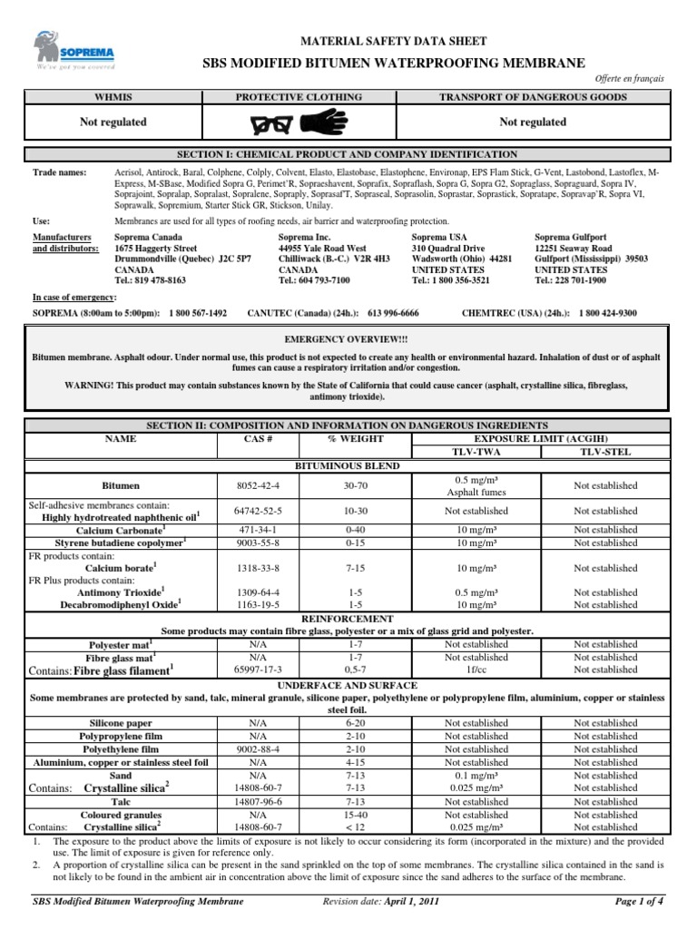 SBS Bitumen Membrane Safety Data Sheet | PDF | Asphalt | Fires