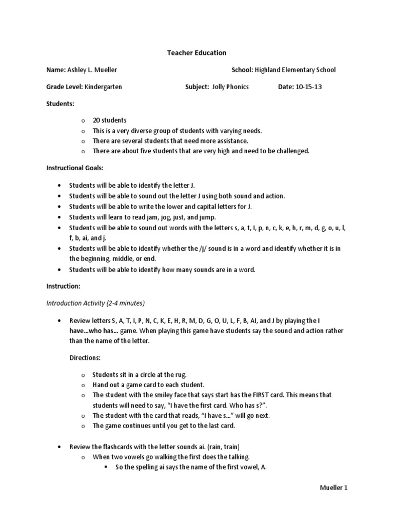 Jolly Phonics Lesson Plan For J PDF | PDF | Phonics | Teaching