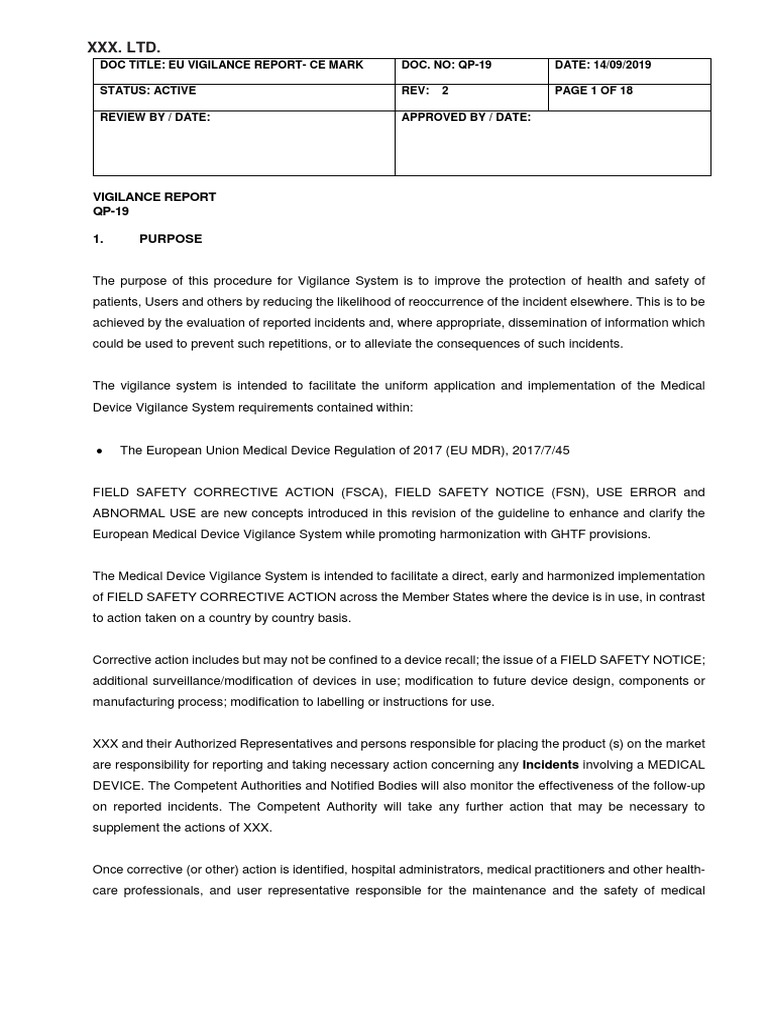 QP19-Vigilance Report - CE Mark | PDF | Medical Device | Health Care