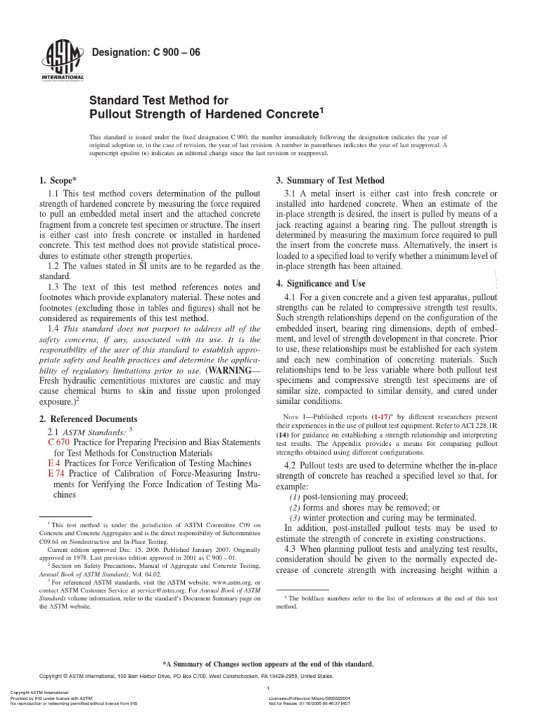 ASTM C900 - Pullout Strength PDF | PDF | Calibration | Concrete