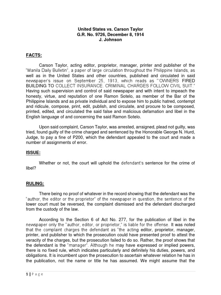 Case Digest Us v. Carson Taylor | PDF | Defamation | Social Institutions