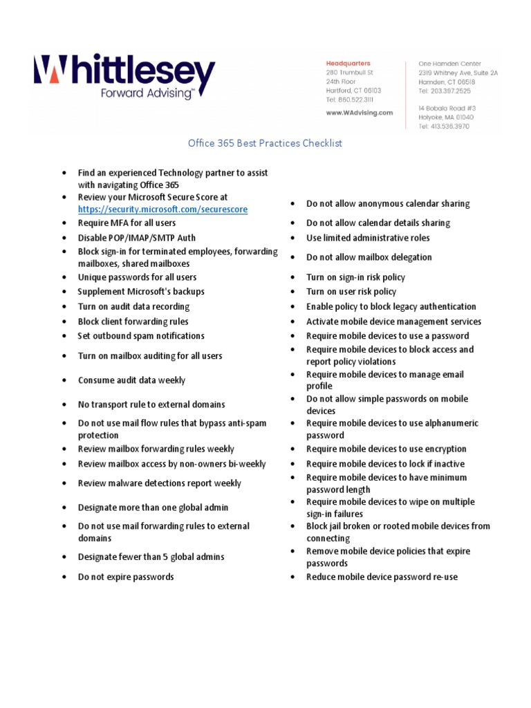 Office 365 Best Practices Checklist | PDF | Password | Areas Of ...