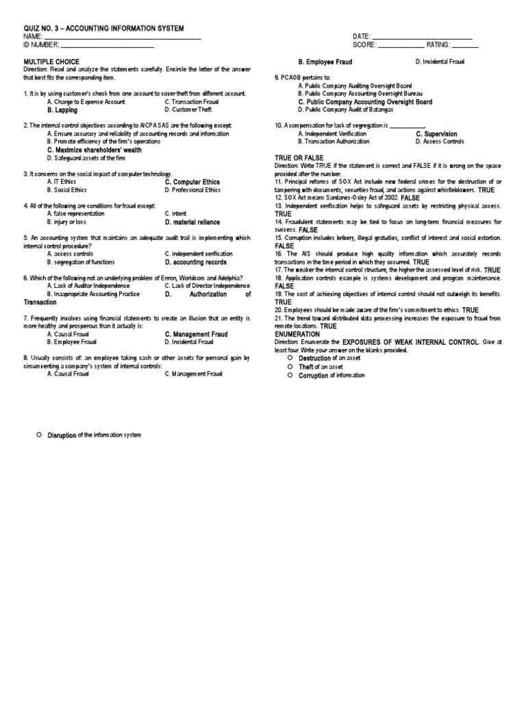 Quiz AIS Answer Key | PDF | Internal Control | Fraud