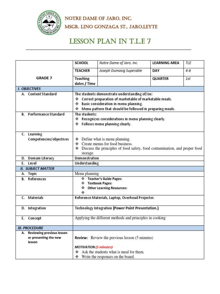 LP in TLE 7 Day 4-6 | PDF | Menu | Lesson Plan
