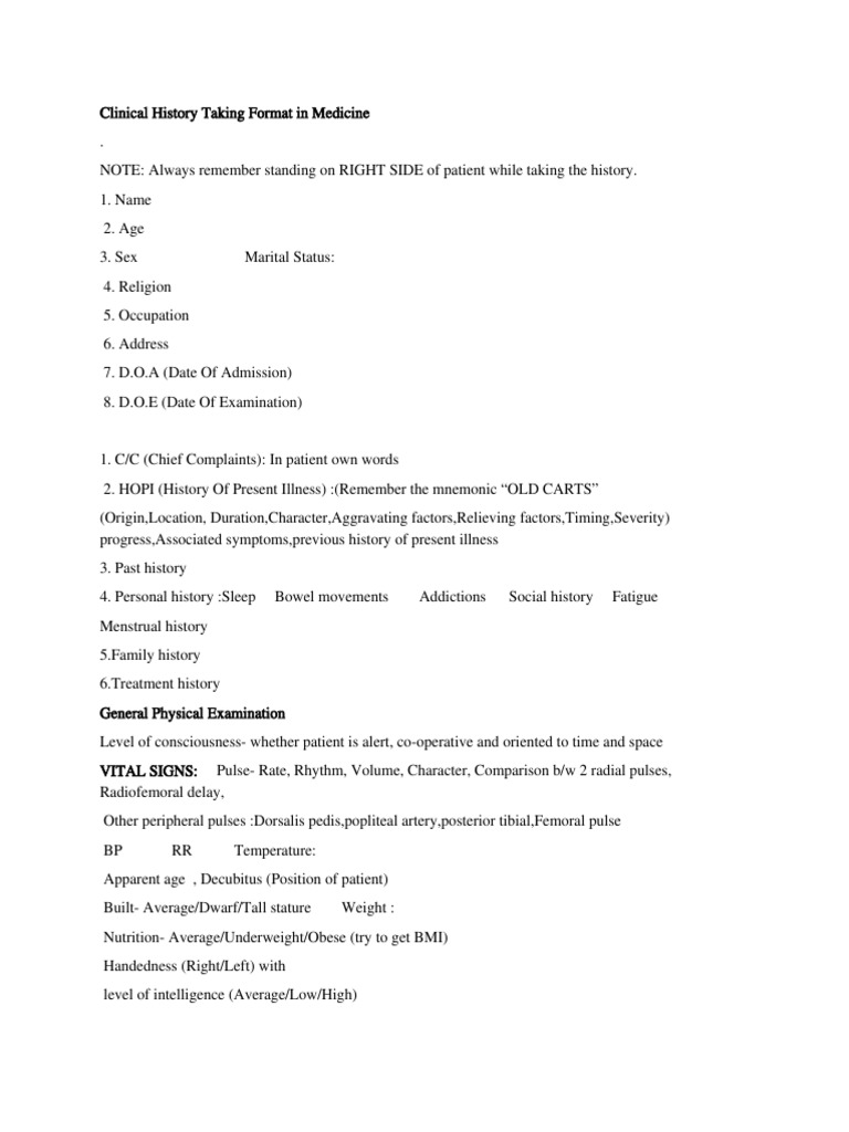 Clinical History Taking Format in Medicine - Physical, Systemic ...