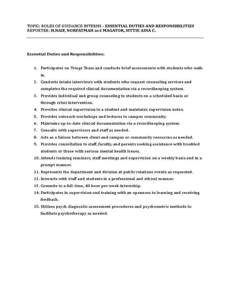 Essential Duties and Responsibilities of A Guidance Intern | PDF