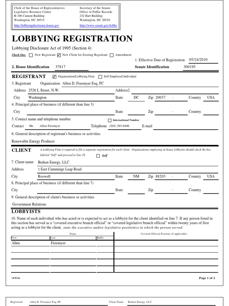 Allen Freemyer's Lobbying Registration | PDF | Lobbying In The United ...