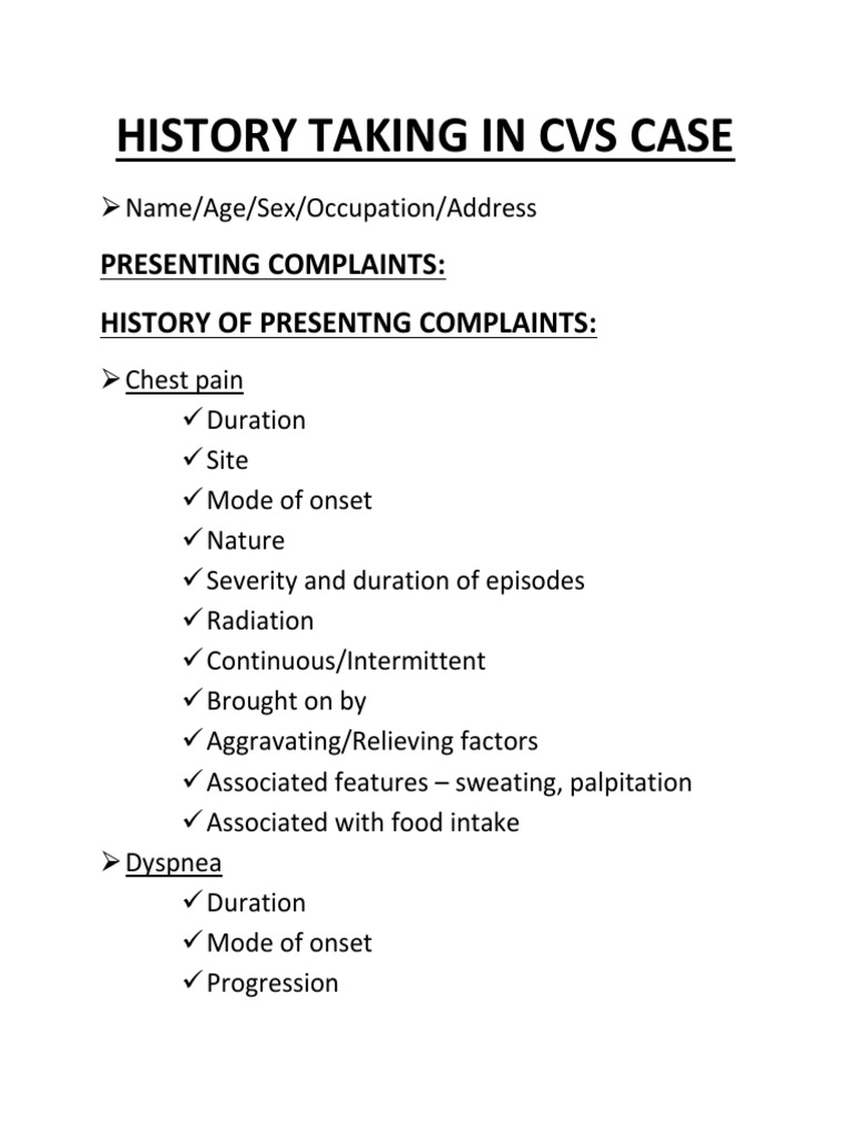 History Taking in CVS Case | Download Free PDF | Pulse | Epidemiology