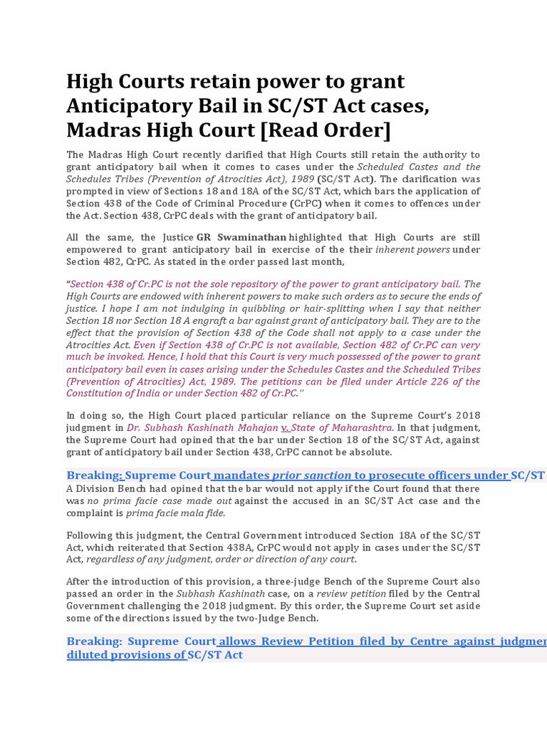Sec 438, MHC, AntiCipatory Bail | PDF | Bail | Supreme Courts