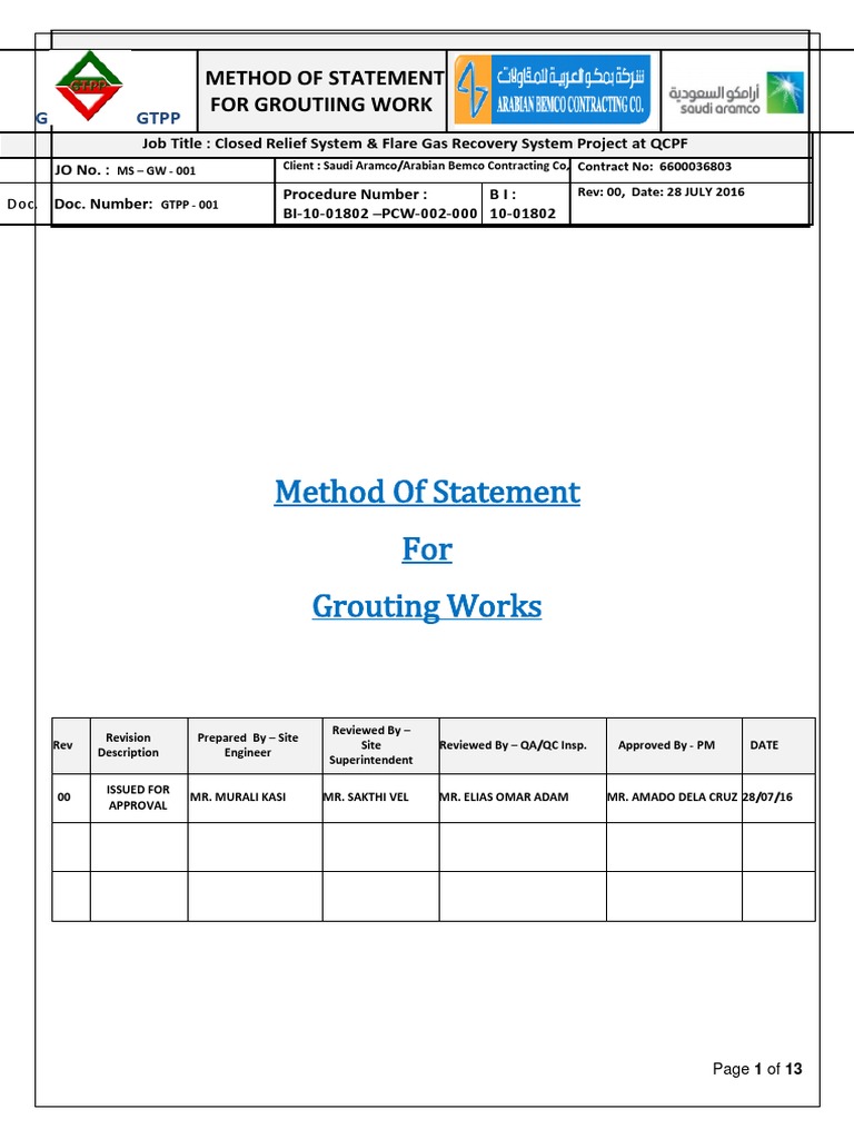Qatif Method Statement Grouting | PDF | Specification (Technical Standard) | Concrete