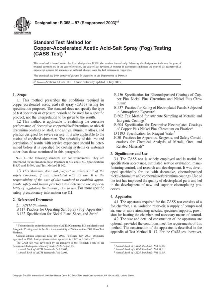 Cass Test Astm B 368 PDF | Download Free PDF | Sodium Chloride | Corrosion