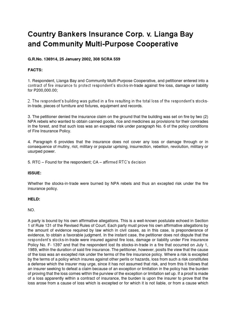 Insurance Claim Dispute: Country Bankers v. Lianga Bay | PDF ...