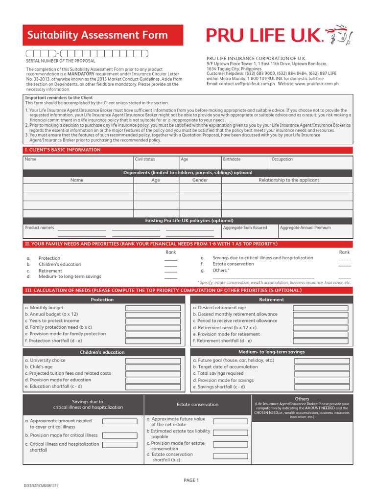 Suitability Assessment Form Updated As of 110719 PDF | PDF | Insurance ...