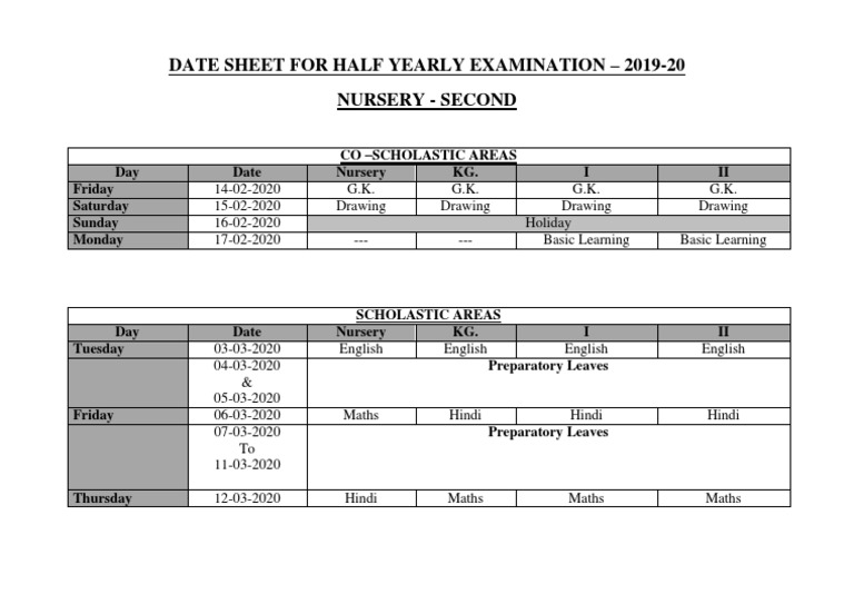 Rough Date Sheet (Half Yearly 2019-20) | PDF