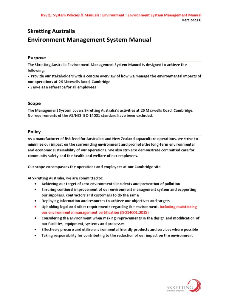 Environment Management System Manual | PDF | Environmental Resource ...