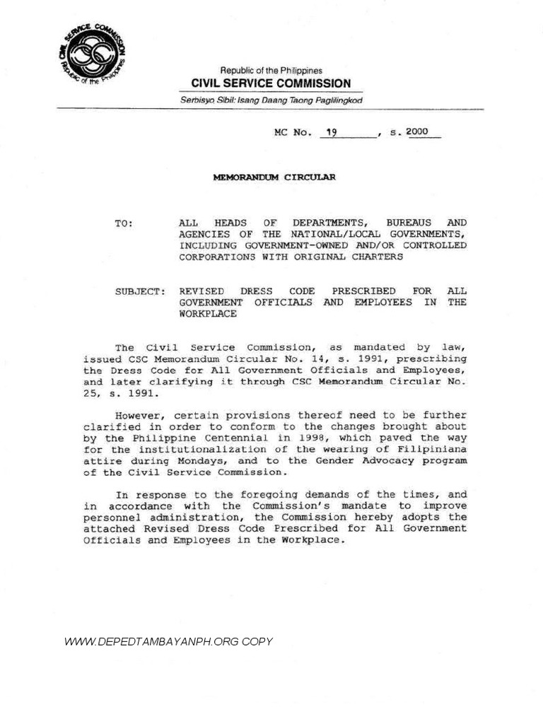 CSC MC 19 2000 Revised Dress Code Prescribed For All Government ...