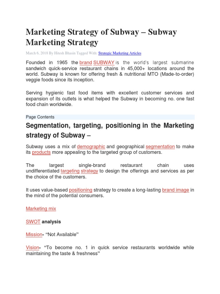 Marketing Strategy of Subway - Subway Marketing Strategy | PDF | Fast ...