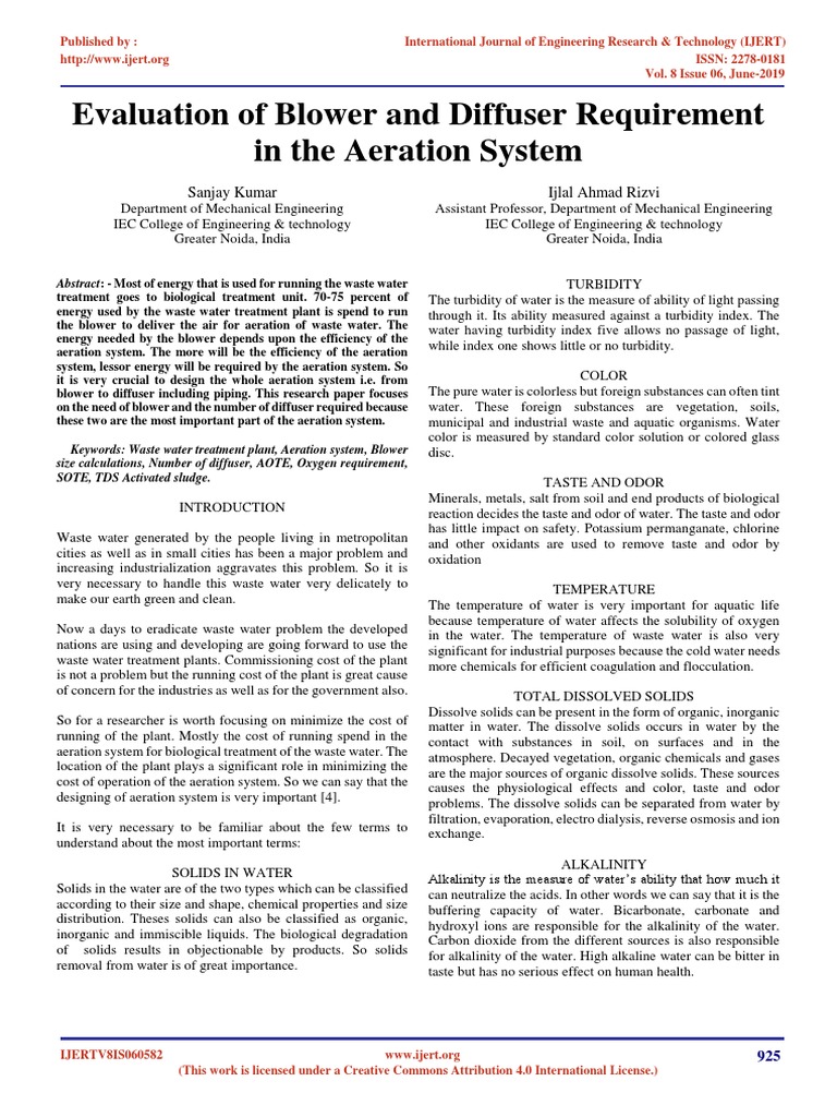 Evaluation of Blower and Diffuser Requirement in The Aeration System ...