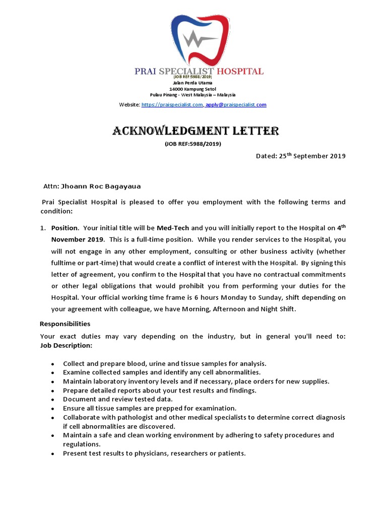 Acknowledgement Letter 1 | PDF | Employee Benefits | Employment