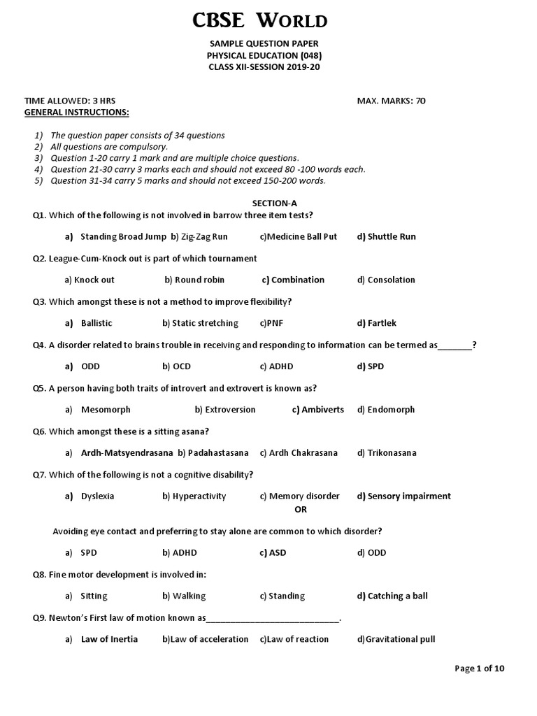 Class 12 Physical Education Exam Paper | PDF | Anatomical Terms Of Motion