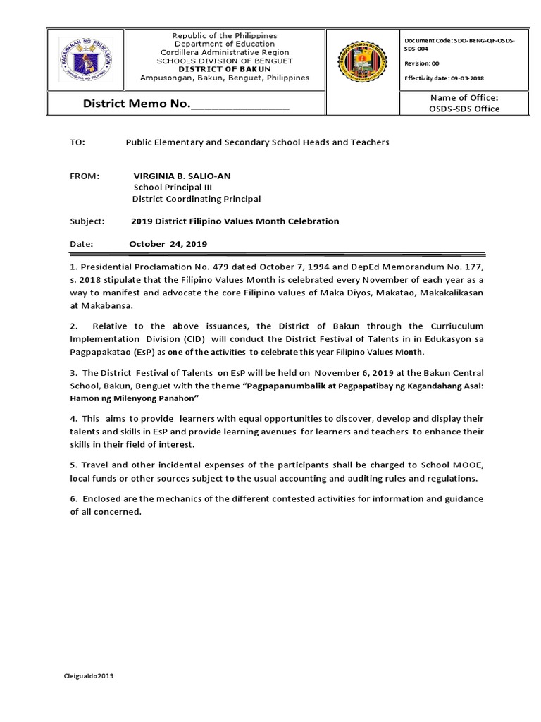 EsP Memo District Filipino Values Month Celebration 2019 | PDF ...