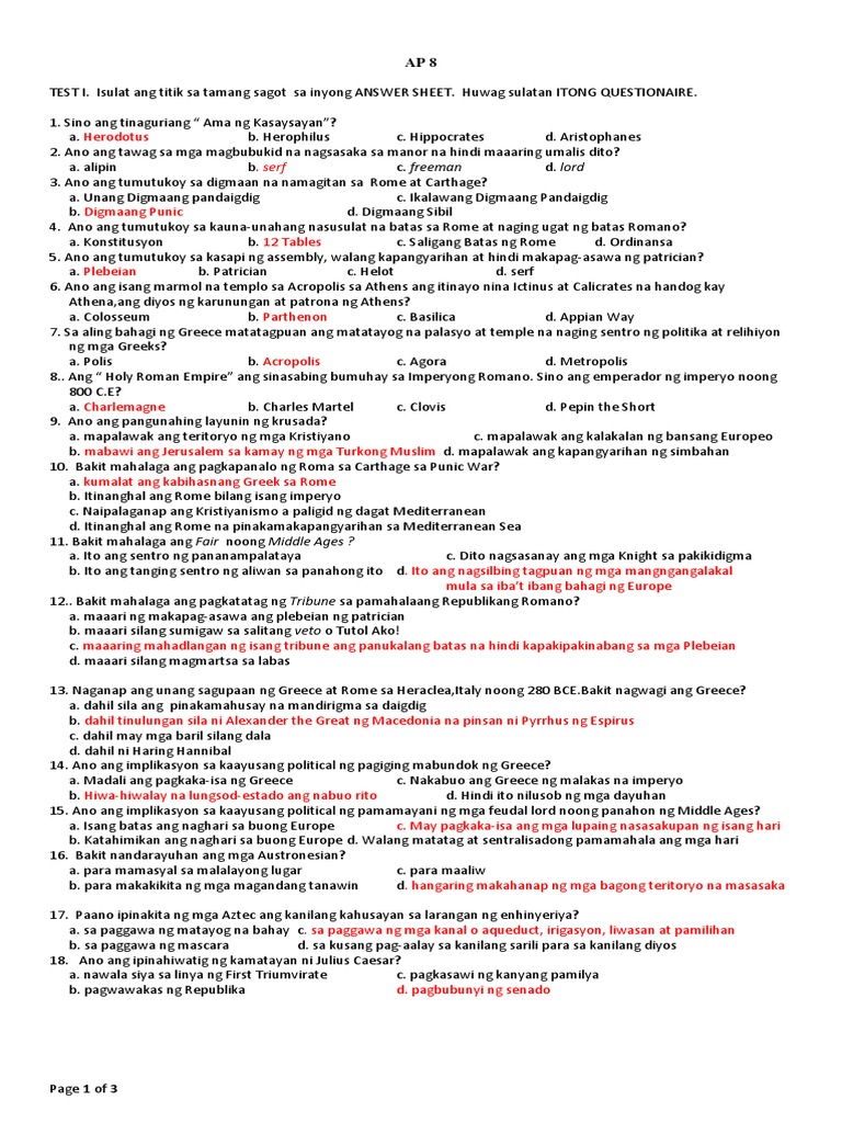 2nd Quarter Test AP 8 Answer Key | PDF