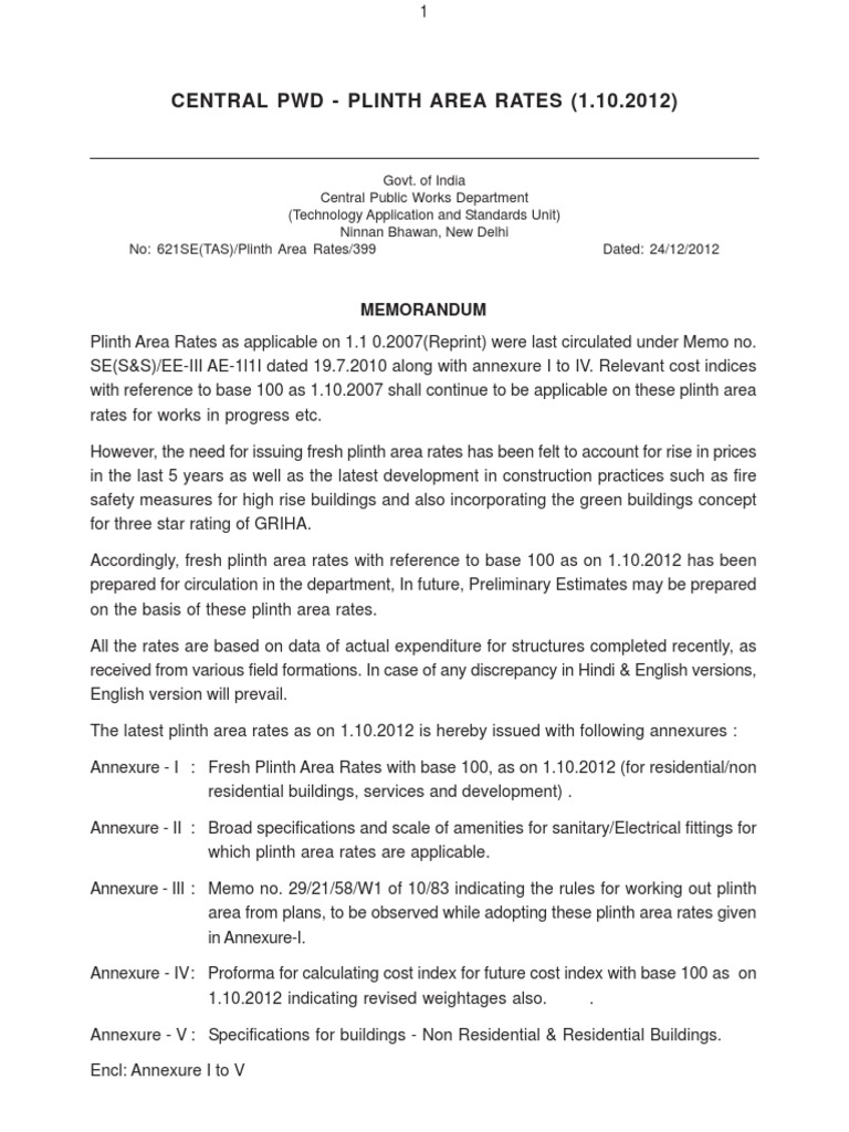 CPWD - Plinth Area Rates 2012 | PDF | Tile | Electrical Wiring