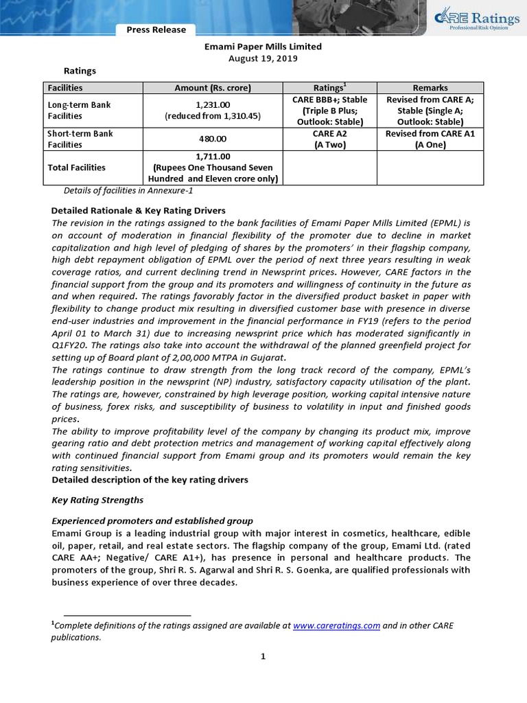 Emami Paper Mills Limited-08-19-2019 PDF | PDF | Credit Rating Agency | Credit Rating
