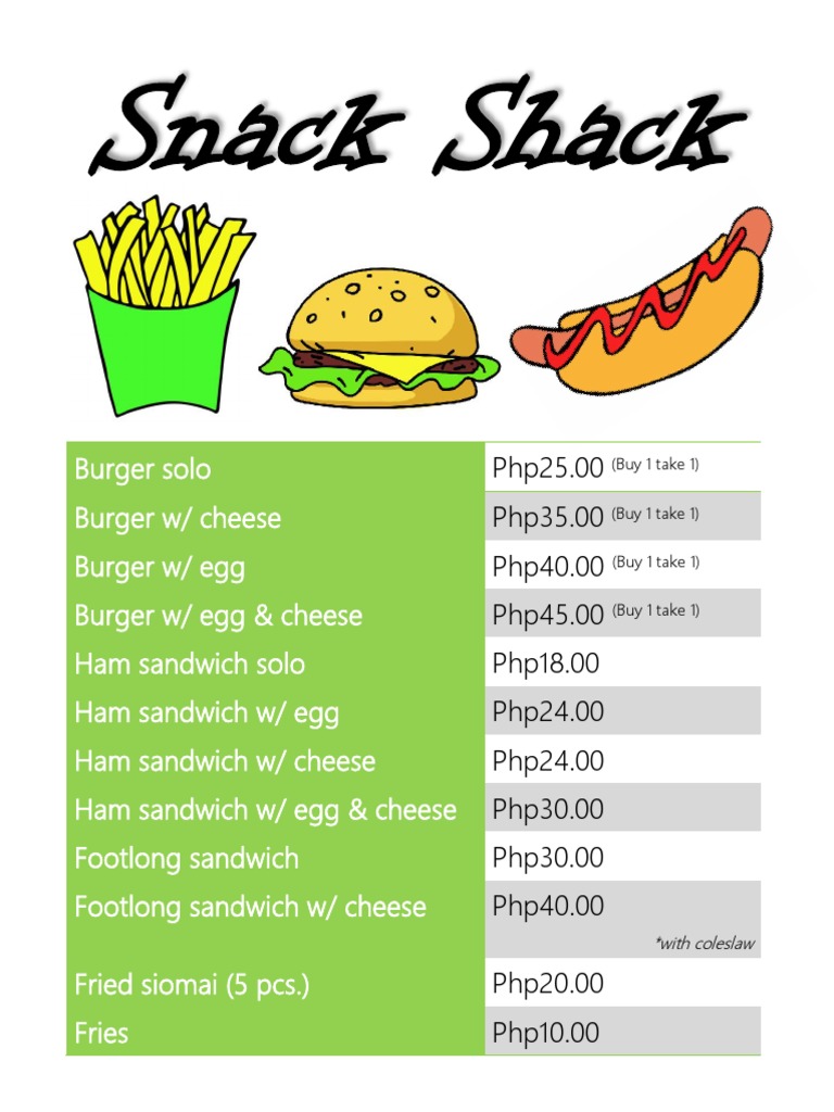Snack Shack Menu and Prices | PDF