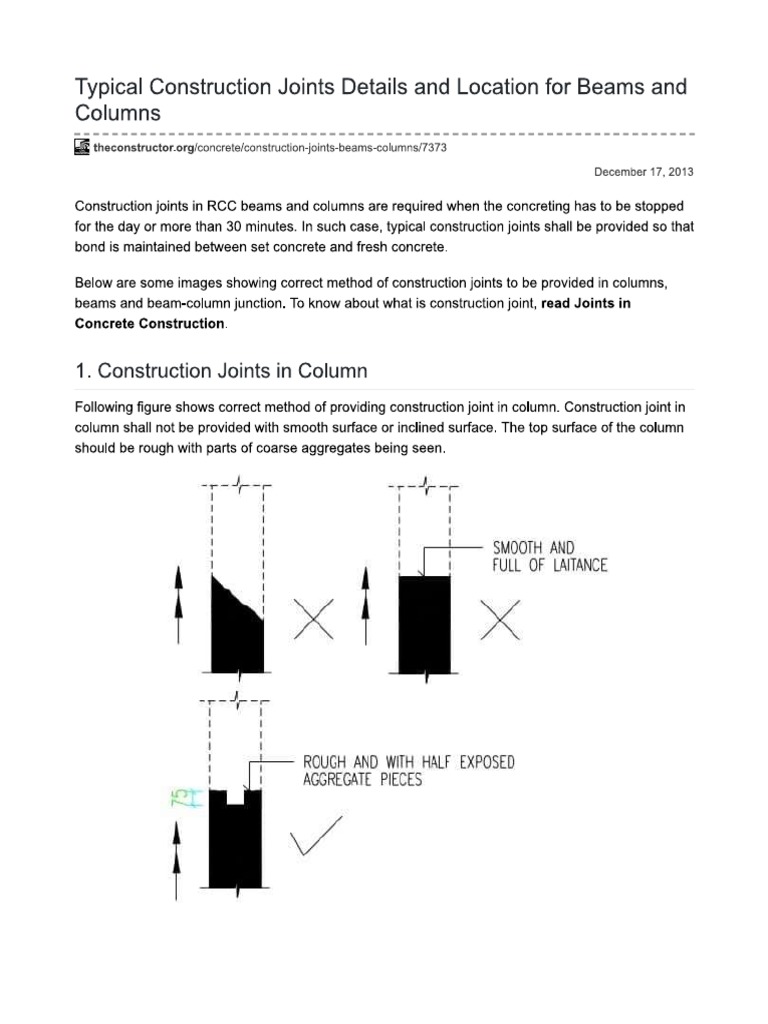 Typical Construction Joints Details and Location For Beams and Columns ...