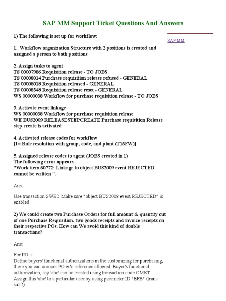 SAP MM Support Ticket Questions and Answers | PDF | Point Of Sale | Receipt