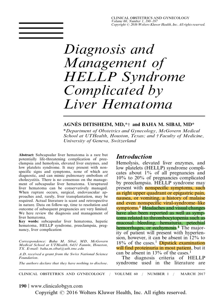 Diagnosis and Management of HELLP Syndrome Complicated by Liver ...