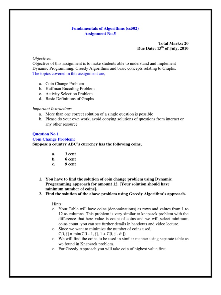 Fundamentals Of Algorithms Cs502 Assignment No5 Objectives Pdf String Computer Science 5403