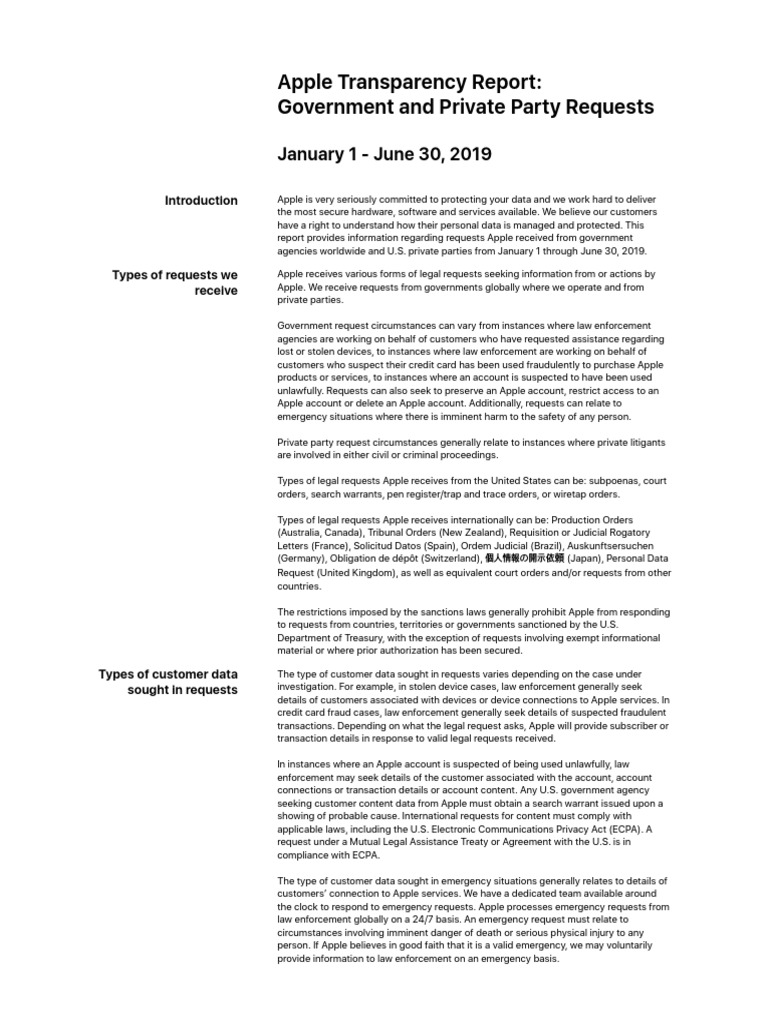 Apple Transparency Report Requests 2019 H1 en | PDF | I Cloud | Public ...