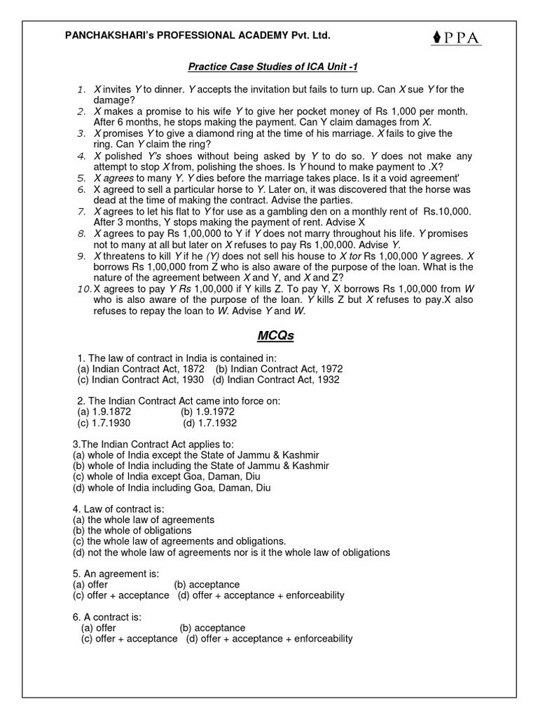 Practice Case Studies MCQs of ICA Unit 1 2 PDF | PDF | Law And ...