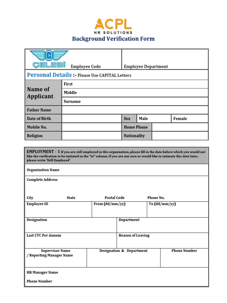 ACPL Background Verification Form PDF | PDF | Business