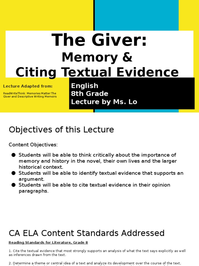 The Giver Lecture Memory Citing Textual Evidence 2 | PDF | Paragraph ...