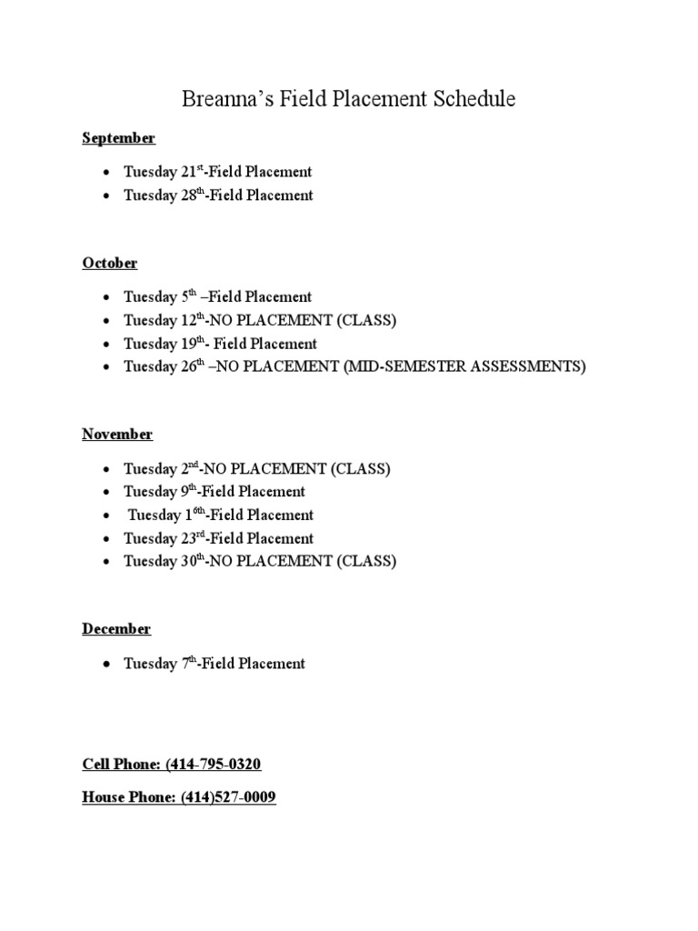 Breanna's Field Placement Schedule 2023 | PDF
