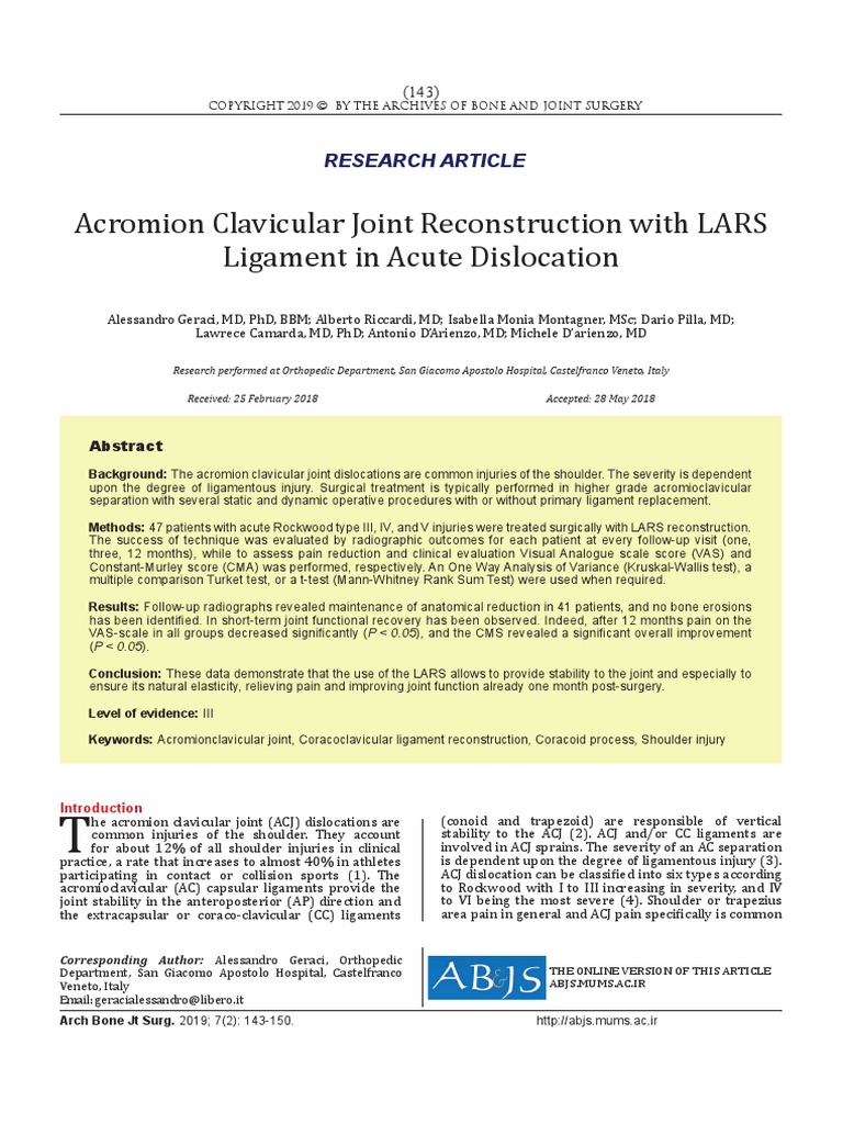 Acromion Clavicular Joint Reconstruction With LARS | PDF | Shoulder ...